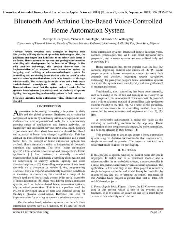 (PDF) Bluetooth And Arduino Uno-Based Voice-Controlled Home Automation ...