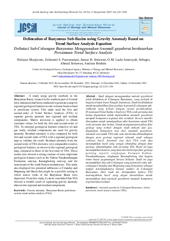 (PDF) Delineation of Banyumas Sub-Basins using Gravity Anomaly Based on Trend Surface Analysis ...
