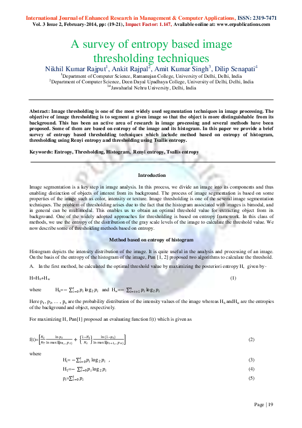 (PDF) A survey of entropy based image thresholding techniques | Nikhil lodhi Rajput - Academia.edu