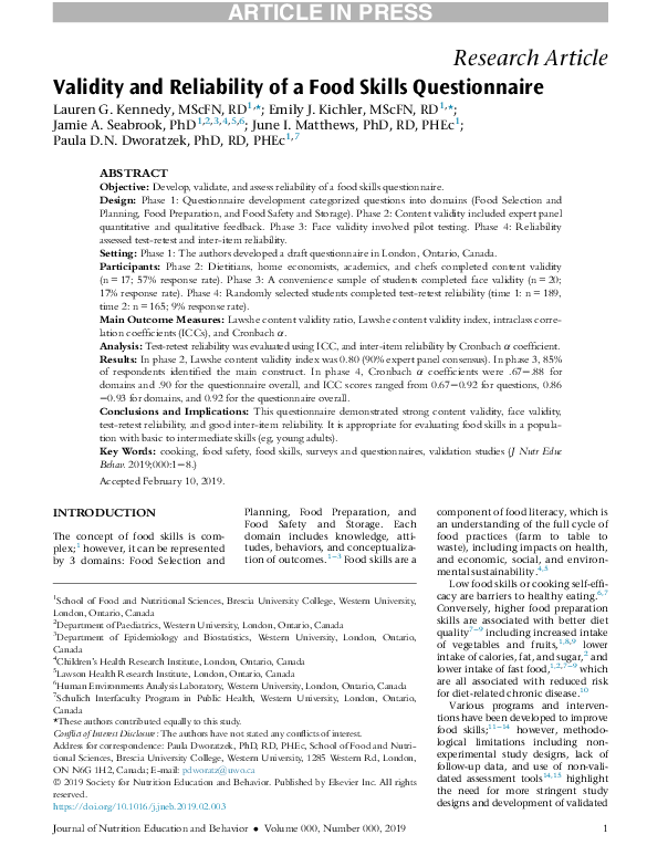 (PDF) Validity and Reliability of a Food Skills Questionnaire