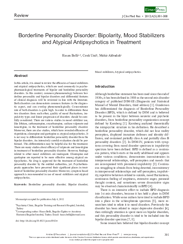 (PDF) Borderline personality disorder: bipolarity, mood stabilizers and atypical antipsychotics ...