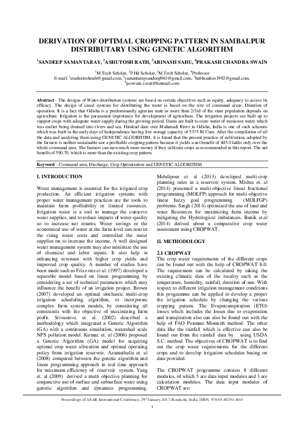 (PDF) Derivation of Optimal Cropping Pattern in Sambalpur Distributary Using Genetic Algorithm ...