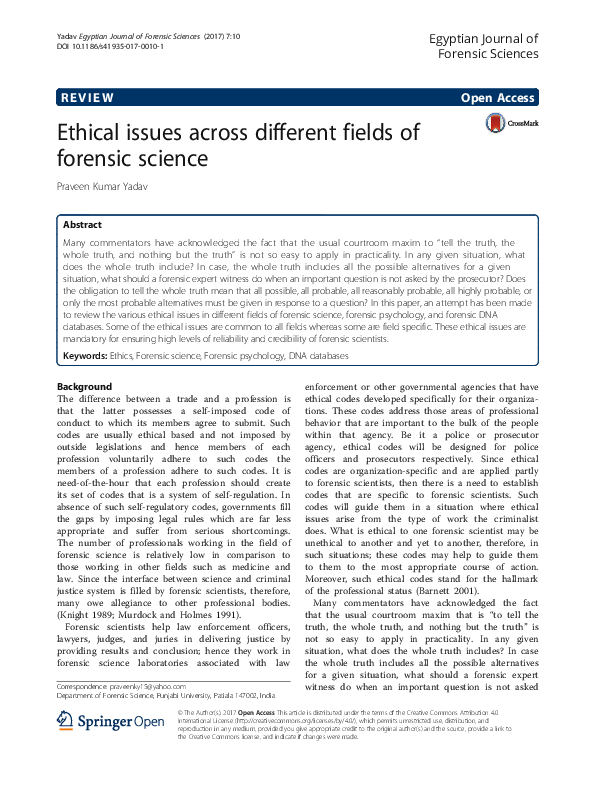 (PDF) Ethical issues across different fields of forensic science