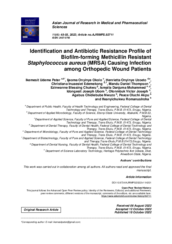 (PDF) Identification and Antibiotic Resistance Profile of Biofilm-forming Methicillin Resistant ...