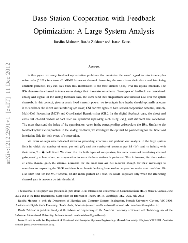 (PDF) Base Station Cooperation with Feedback Optimization: A Large System Analysis