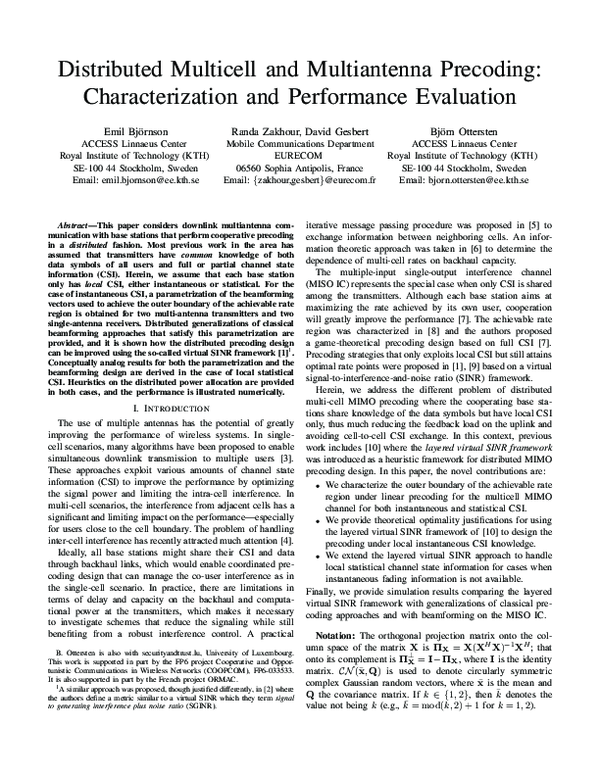 Pdf Distributed Multicell And Multiantenna Precoding Characterization And Performance Evaluation