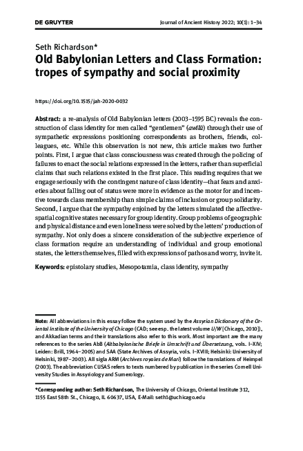 (PDF) Old Babylonian Letters and Class Formation: tropes of sympathy ...