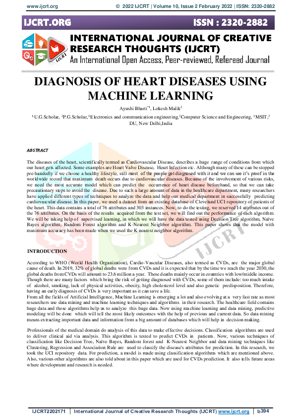 Pdf Diagnosis Of Heart Diseases Using Machine Learning