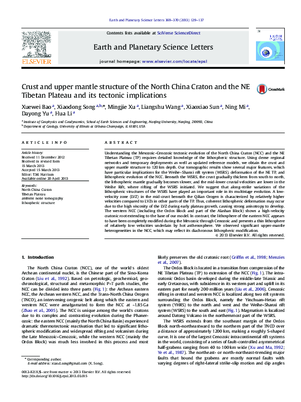 (PDF) Crust and upper mantle structure of the North China Craton and ...