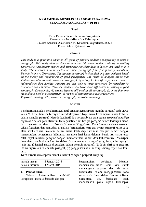 (PDF) Kemampuan Menulis Paragraf Pada Siswa Sekolah Dasar Kelas V DI Diy