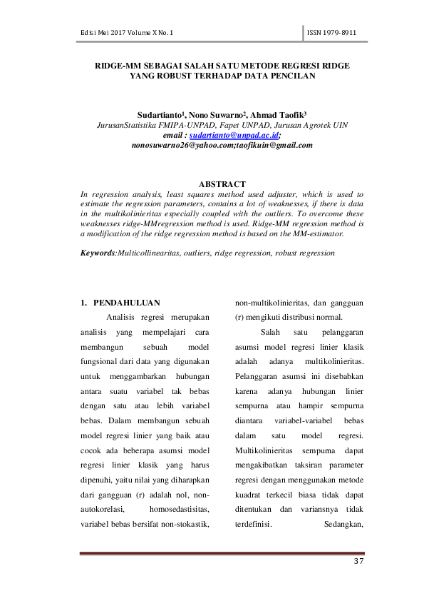 (PDF) Ridge-MM Sebagai Salah Satu Metode Regresi Ridge Yang Robust ...