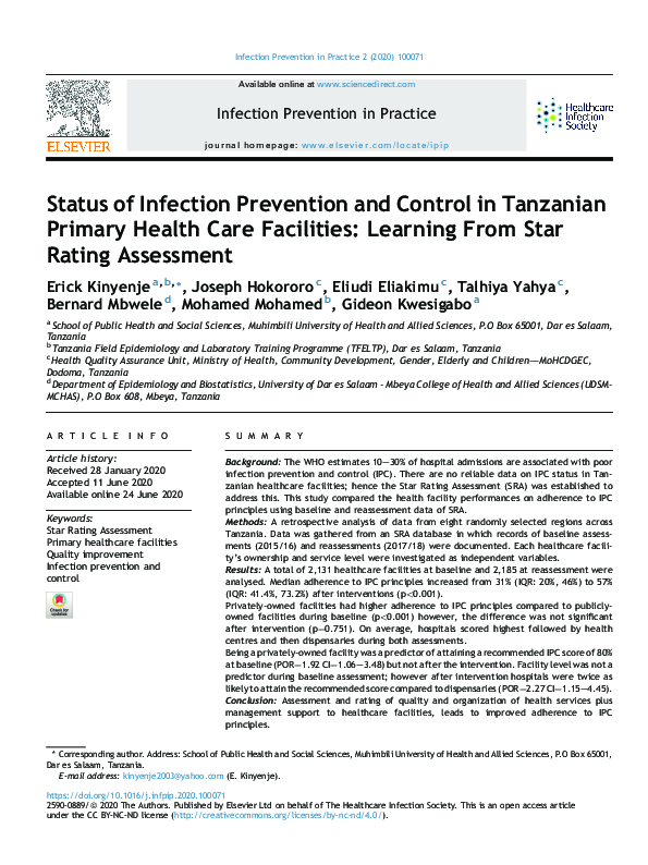 (PDF) Status of Infection Prevention and Control in Tanzanian Primary ...