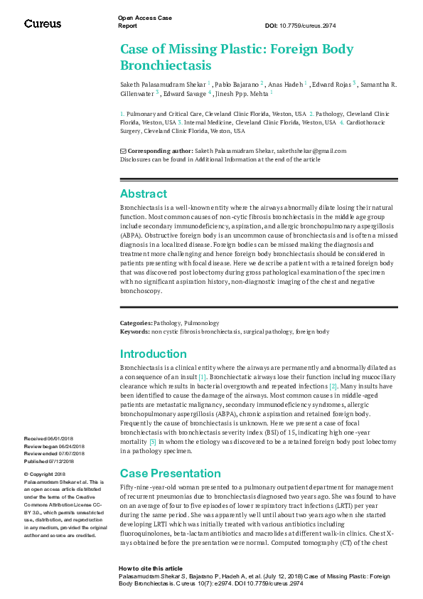 (PDF) Case of Missing Plastic: Foreign Body Bronchiectasis