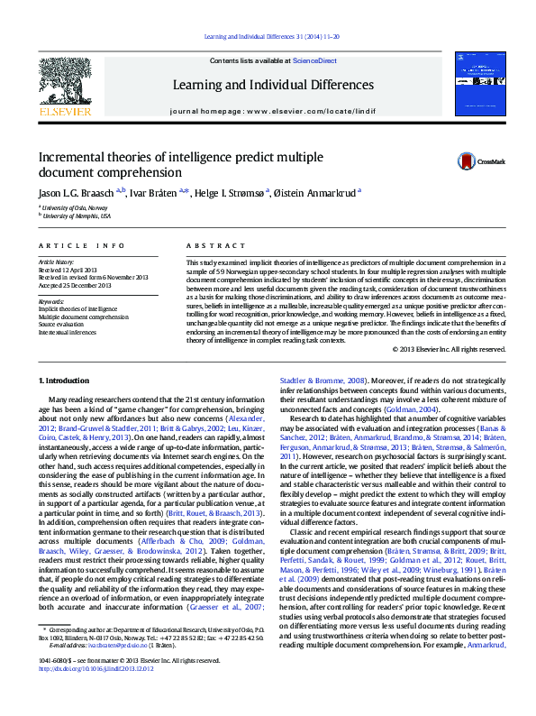 (PDF) Incremental theories of intelligence predict multiple document ...