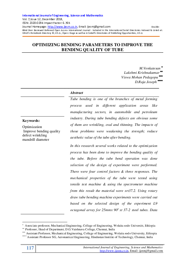 (PDF) OPTIMIZING BENDING PARAMETERS TO IMPROVE THE BENDING QUALITY OF TUBE