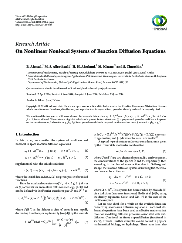 Pdf On Nonlinear Nonlocal Systems Of Reaction Diffusion Equations
