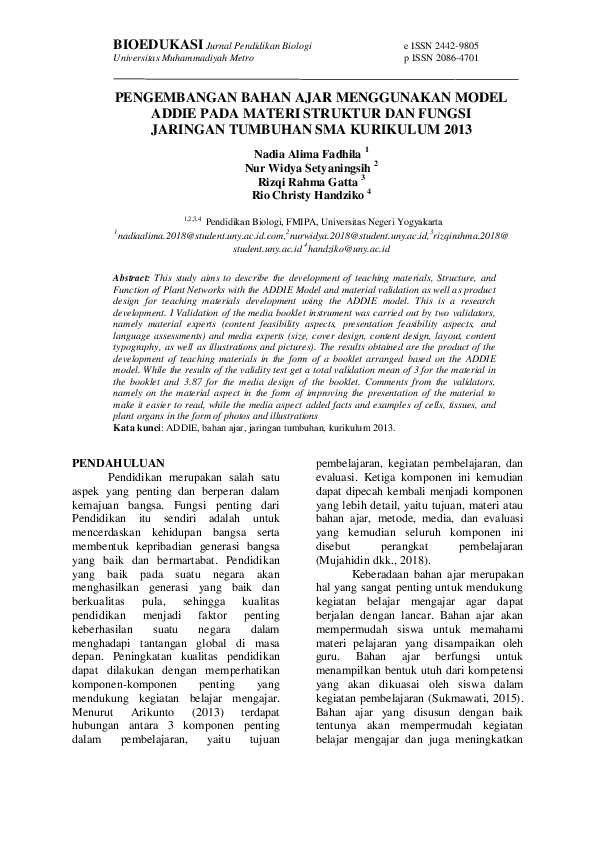 (PDF) Pengembangan Bahan Ajar Menggunakan Model Addie Pada Materi Struktur Dan Fungsi Jaringan ...