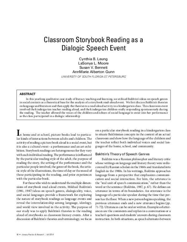 (PDF) Classroom Storybook Reading as a Dialogic Speech Event