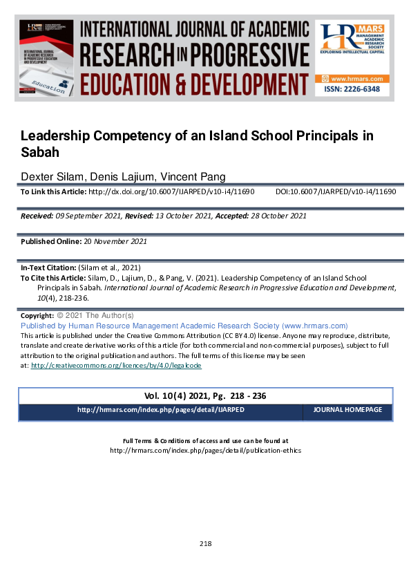 (PDF) Leadership Competency of an Island School Principals in Sabah