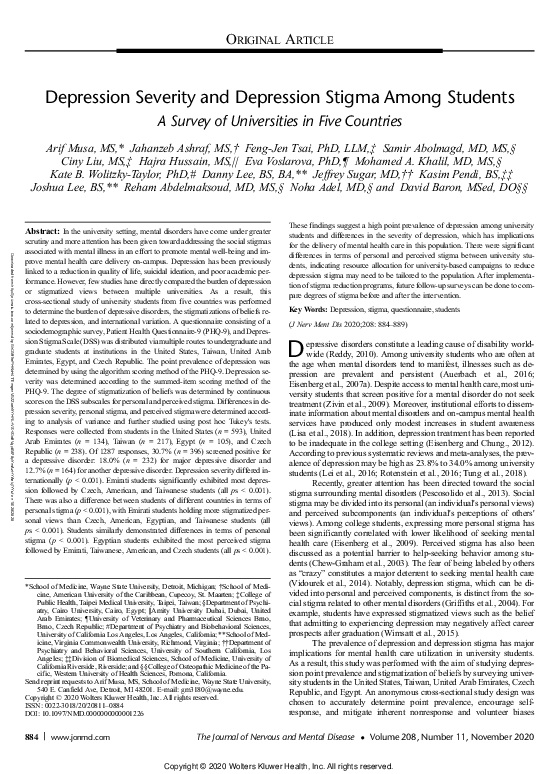 (PDF) Depression Severity and Depression Stigma Among Students