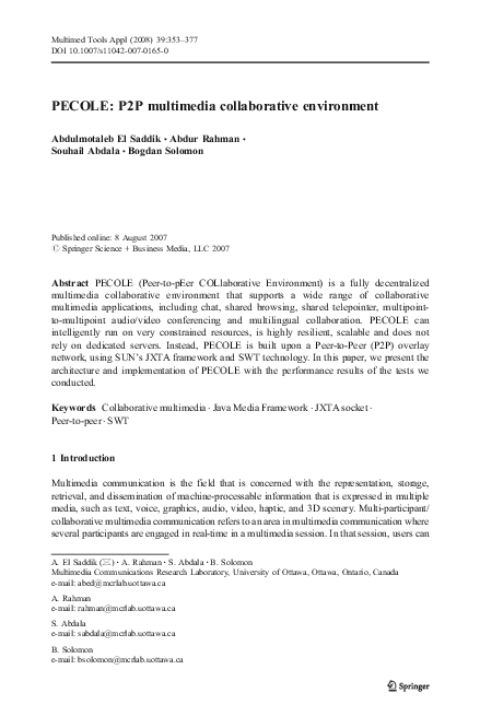 (PDF) PECOLE: P2P multimedia collaborative environment