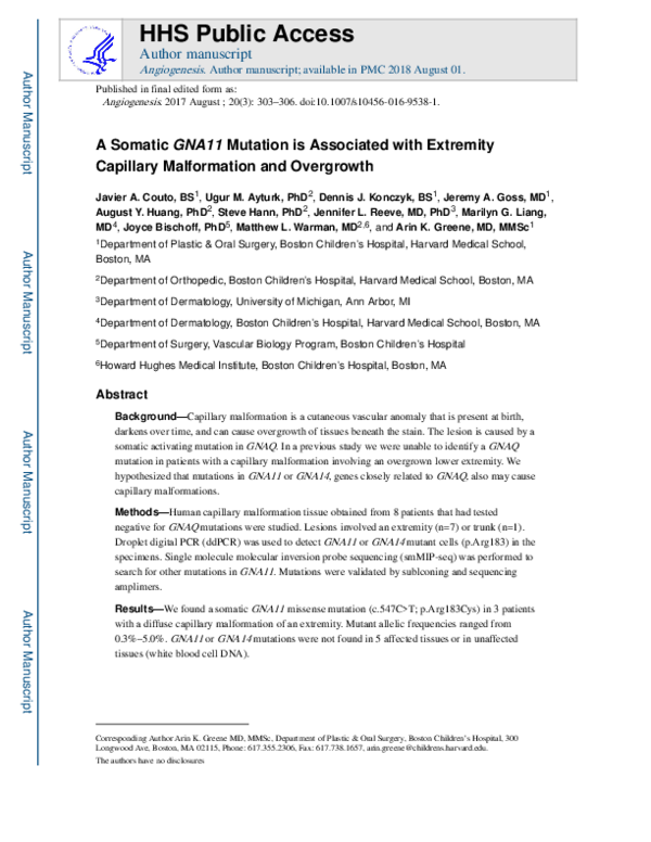 (PDF) A somatic GNA11 mutation is associated with extremity capillary ...
