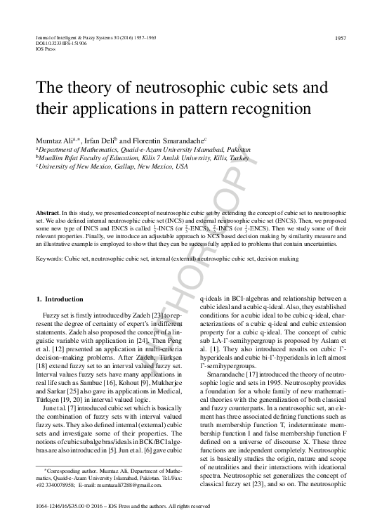 (PDF) The theory of neutrosophic cubic sets and their applications in pattern recognition ...