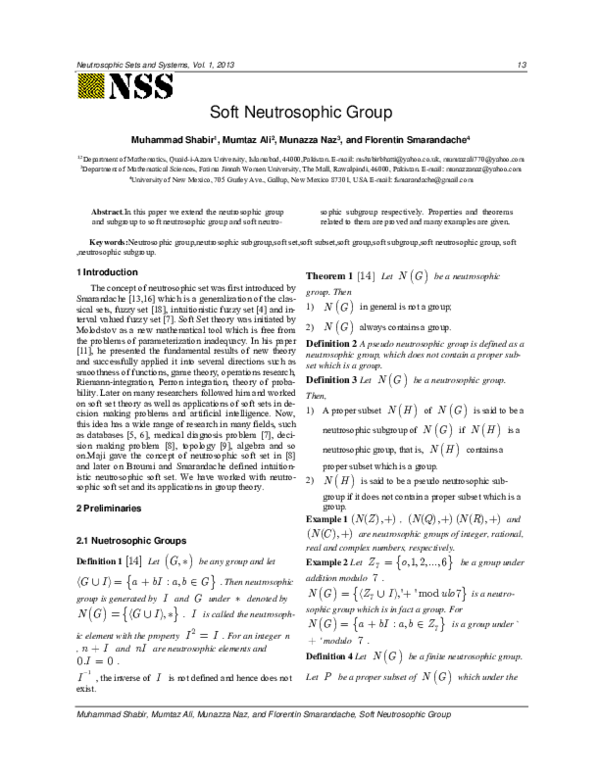 (PDF) Soft Neutrosophic Group