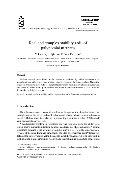 (PDF) Real and complex stability radii of polynomial matrices