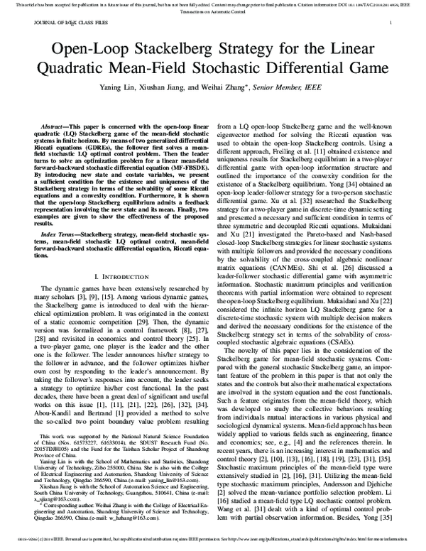 Pdf Open Loop Stackelberg Strategy For Linear Quadratic Games Via Matrix Pencil Approach