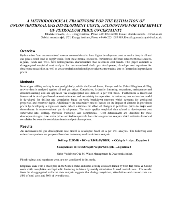(PDF) A Methodological Framework for the Estimation of Unconventional Gas Development Costs ...