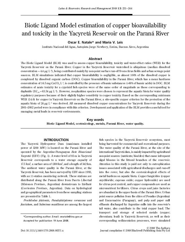 (PDF) Biotic Ligand Model estimation of copper bioavailability and ...