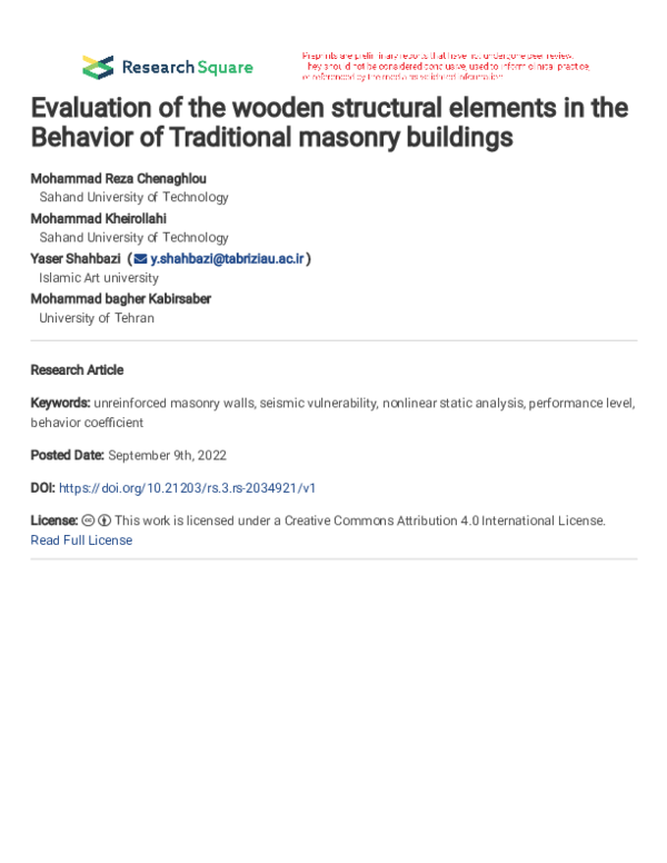 (PDF) Evaluation of the wooden structural elements in the Behavior of Traditional masonry buildings