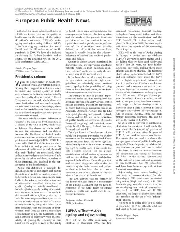 (PDF) European Public Health News * President's column * EUPHA office ...