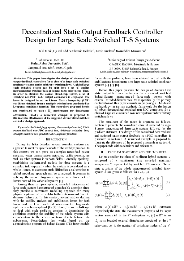 Pdf Decentralized Static Output Feedback Controller Design For Large Scale Switched T S
