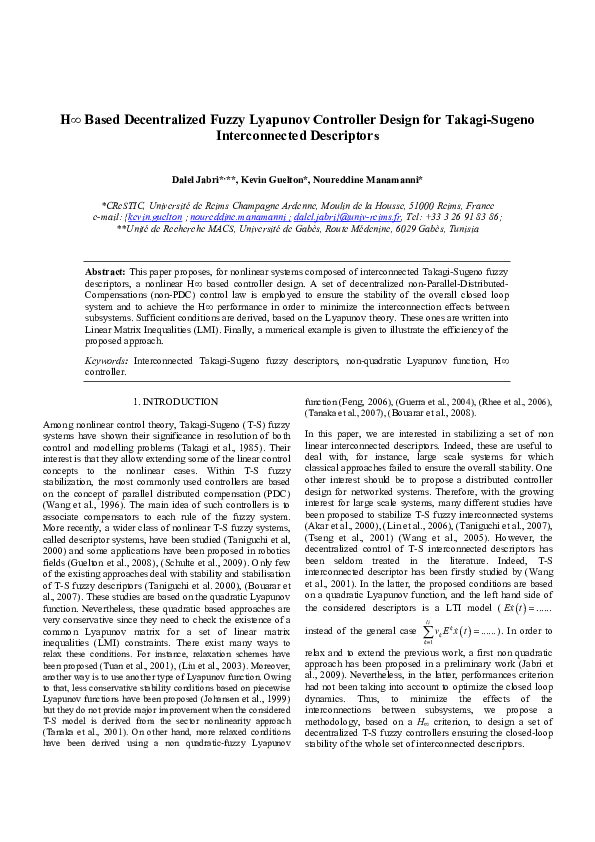 (PDF) H∞ Based Decentralized Fuzzy Lyapunov Controller Design for ... (PDF) H∞ Based Decentralized Fuzzy Lyapunov Controller Design for ...
