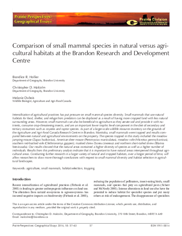 (PDF) Comparison of small mammal species in natural versus agricultural ...