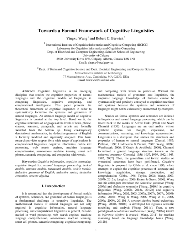 Pdf Towards A Formal Framework Of Cognitive Linguistics Robert Berwick