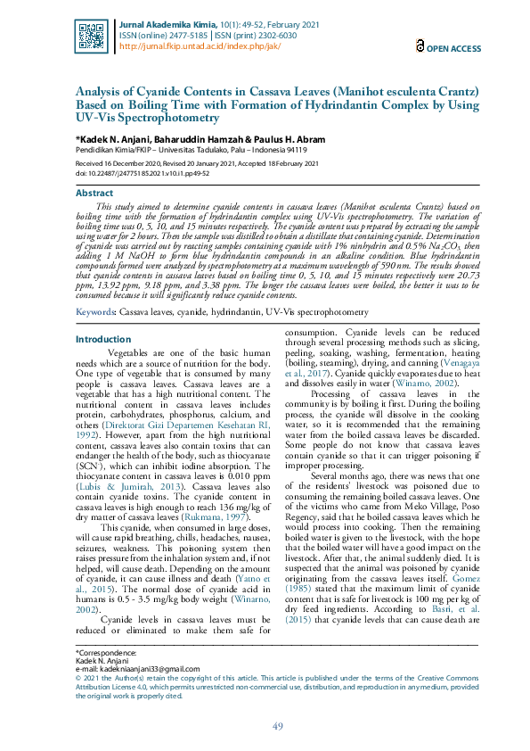 (PDF) Analysis of Cyanide Contents in Cassava Leaves (Manihot esculenta Crantz) Based on Boiling ...