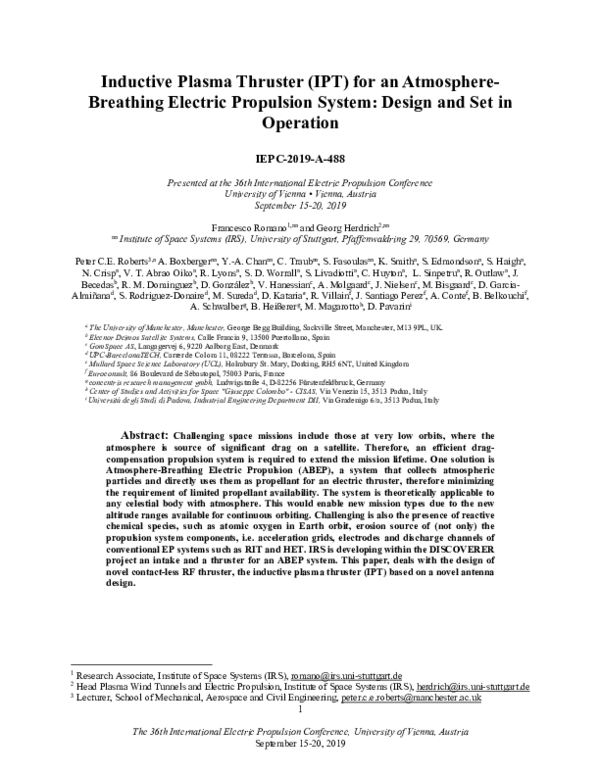 (PDF) Inductive Plasma Thruster (IPT) for an Atmosphere- Breathing Electric Propulsion System ...