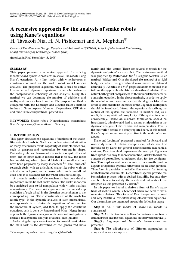 (PDF) A recursive approach for the analysis of snake robots using Kane's equations