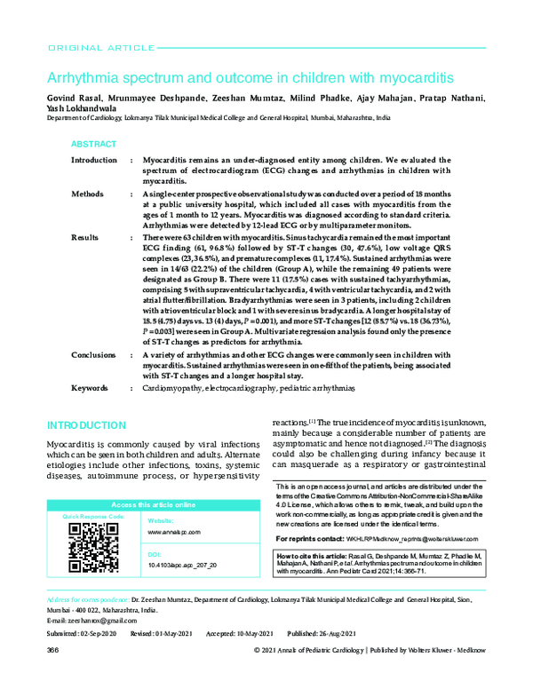 (PDF) Arrhythmia spectrum and outcome in children with myocarditis