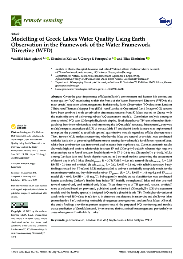 (PDF) Modelling of Greek Lakes Water Quality Using Earth Observation in ...