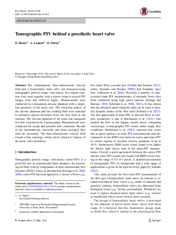 (PDF) Tomographic PIV behind a prosthetic heart valve