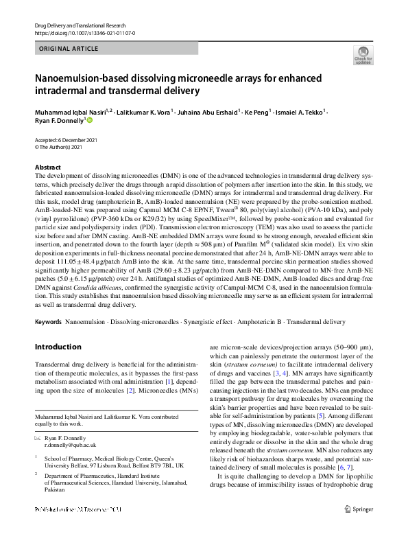 (PDF) Nanoemulsion-based dissolving microneedle arrays for enhanced ...