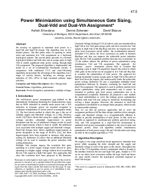 Pdf Power Minimization Using Simultaneous Gate Sizing Dual Vdd And Dual Vth Assignment