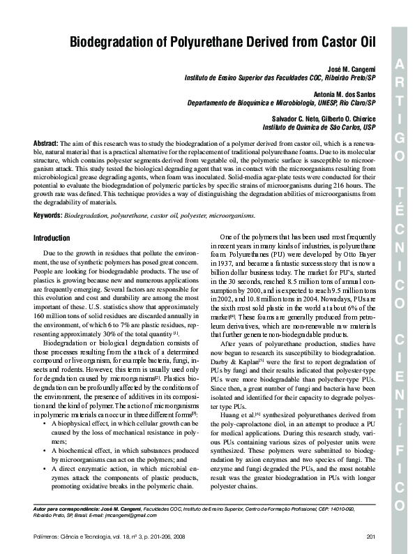 (PDF) Biodegradation of polyurethane derived from castor oil
