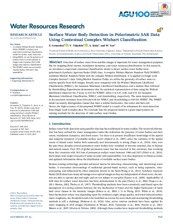 Pdf Surface Water Body Detection In Polarimetric Sar Data Using Contextual Complex Wishart