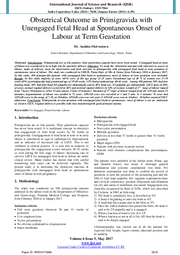 (PDF) Obstetrical Outcome in Primigravida with Unengaged Fetal Head at ...