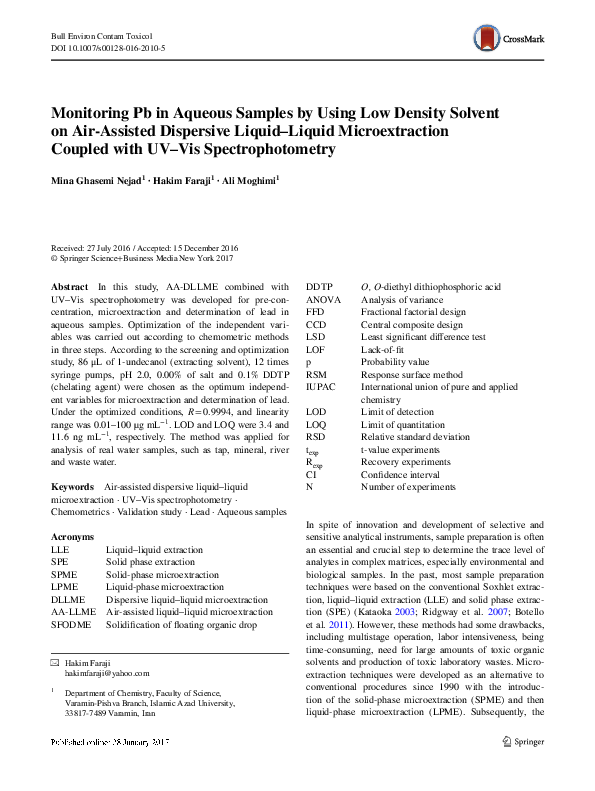 (PDF) Monitoring Pb in Aqueous Samples by Using Low Density Solvent on Air-Assisted Dispersive ...